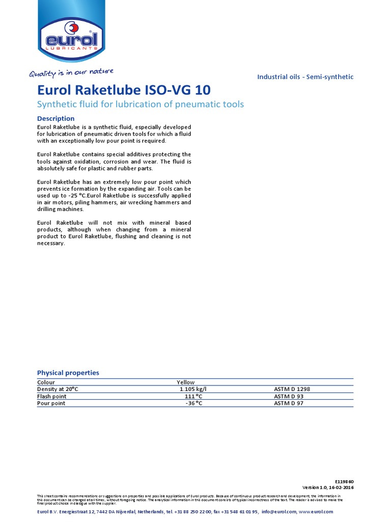 Eurol Raketlube ISO-VG 10: Synthetic Fluid For Lubrication of Pneumatic ...