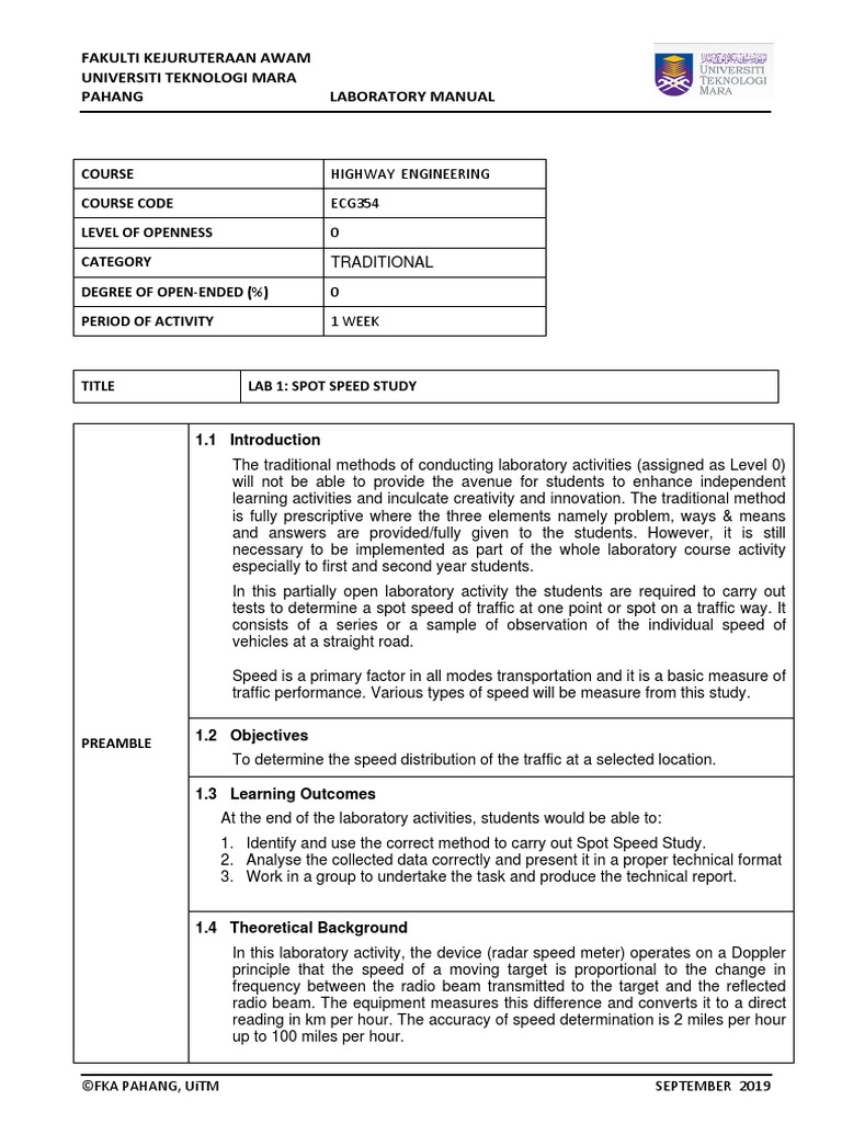 LAB 1 - Spot Speed Study PDF | PDF | Radar | Laboratories