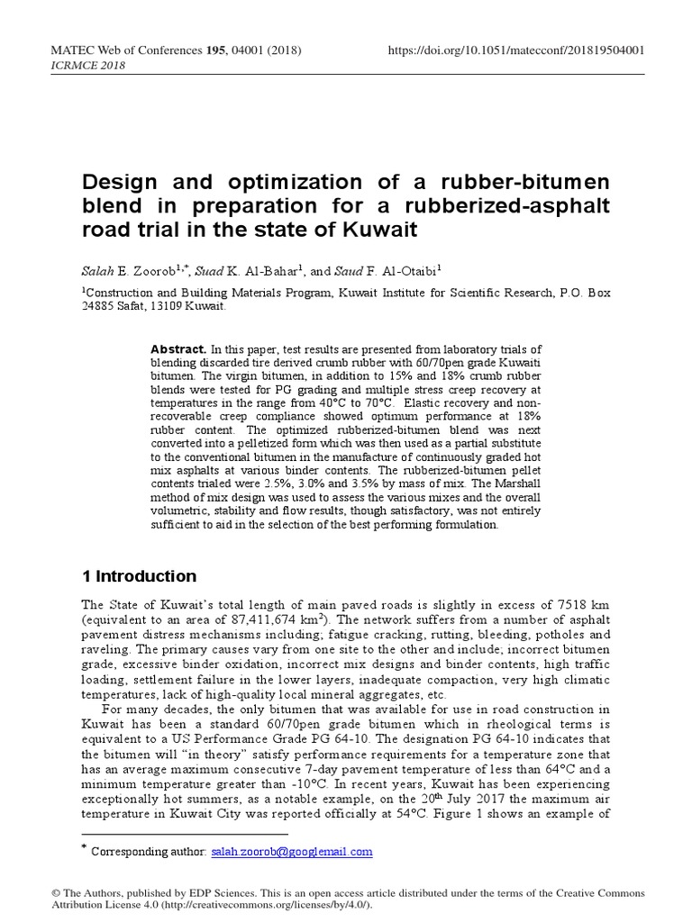 Design and Optimization of A Rubber-Bitumen Blend in Preparation For A ...