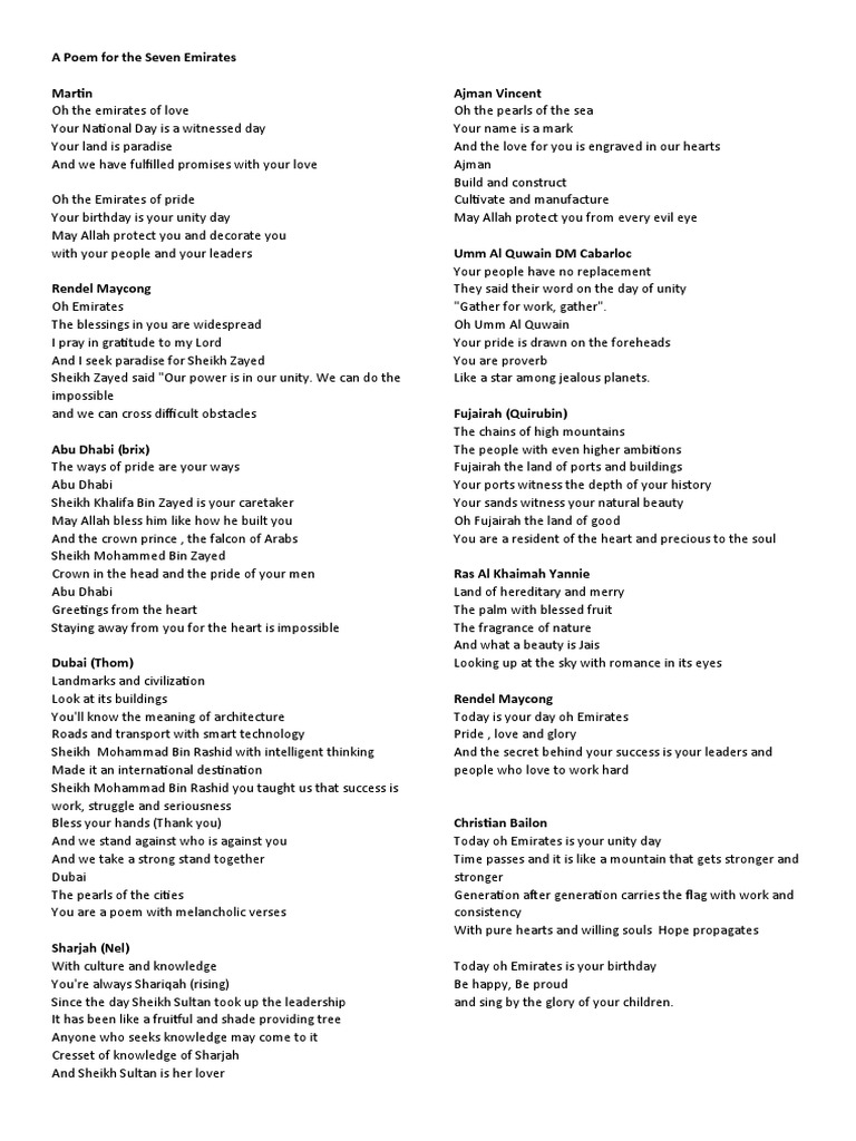 A Poem For The Seven Emirates Martin Ajman Vincent | PDF | United Arab ...