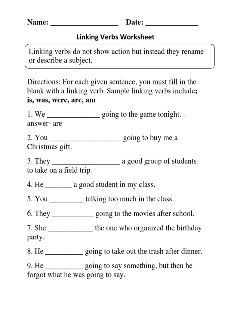 Linking Verbs Worksheet Fill in The Blank Beginner PDF | PDF