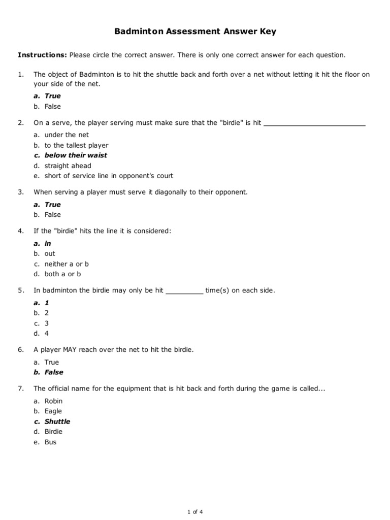 Badminton Assessment Answer Key: A. True | PDF | Ball Games ...