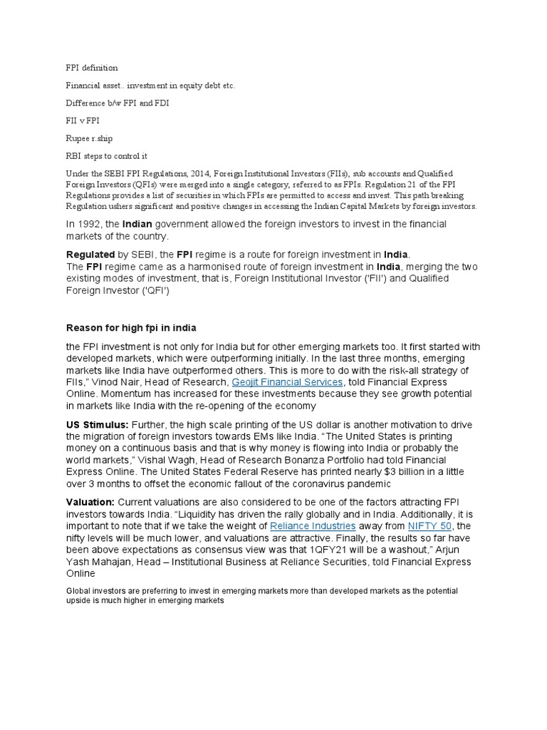 Regulated by SEBI, The FPI Regime Is A Route For Foreign Investment in ...