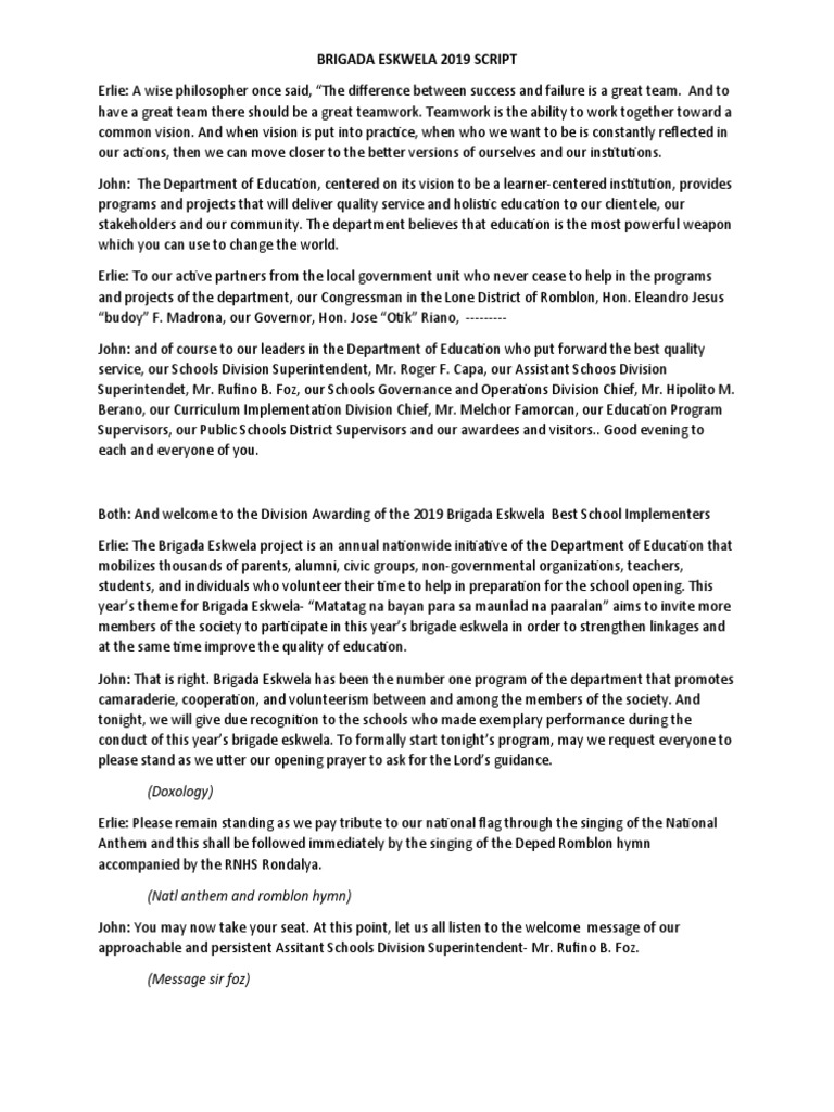 Brigada Eskwela 2019 Script | PDF | Human Nature | Further Education