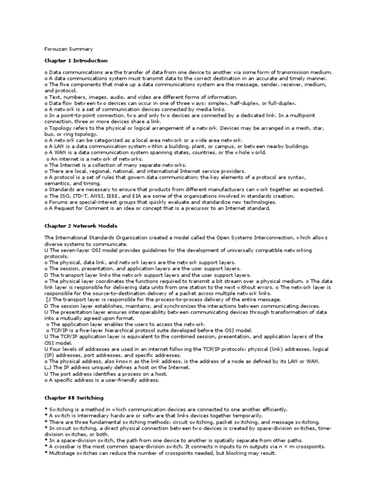 Forouzan Summary | PDF | Asynchronous Transfer Mode | Osi Model