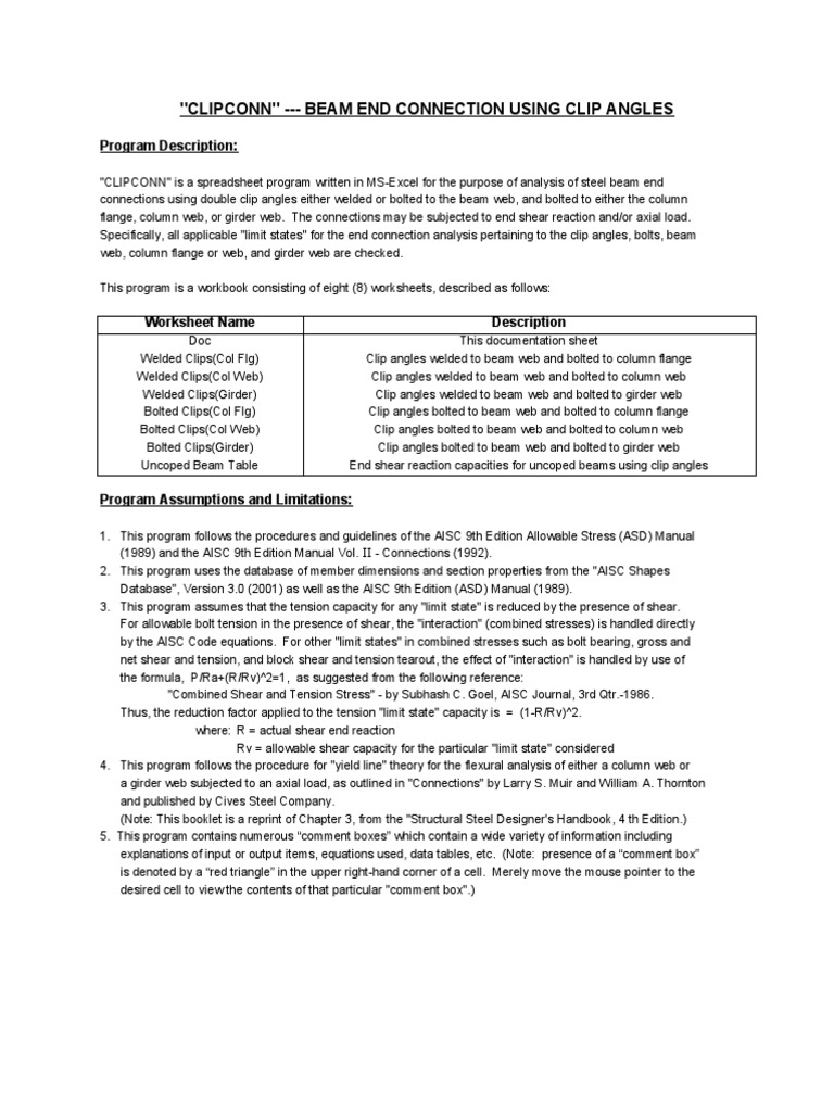 "Clipconn" - Beam End Connection Using Clip Angles: Program Description ...