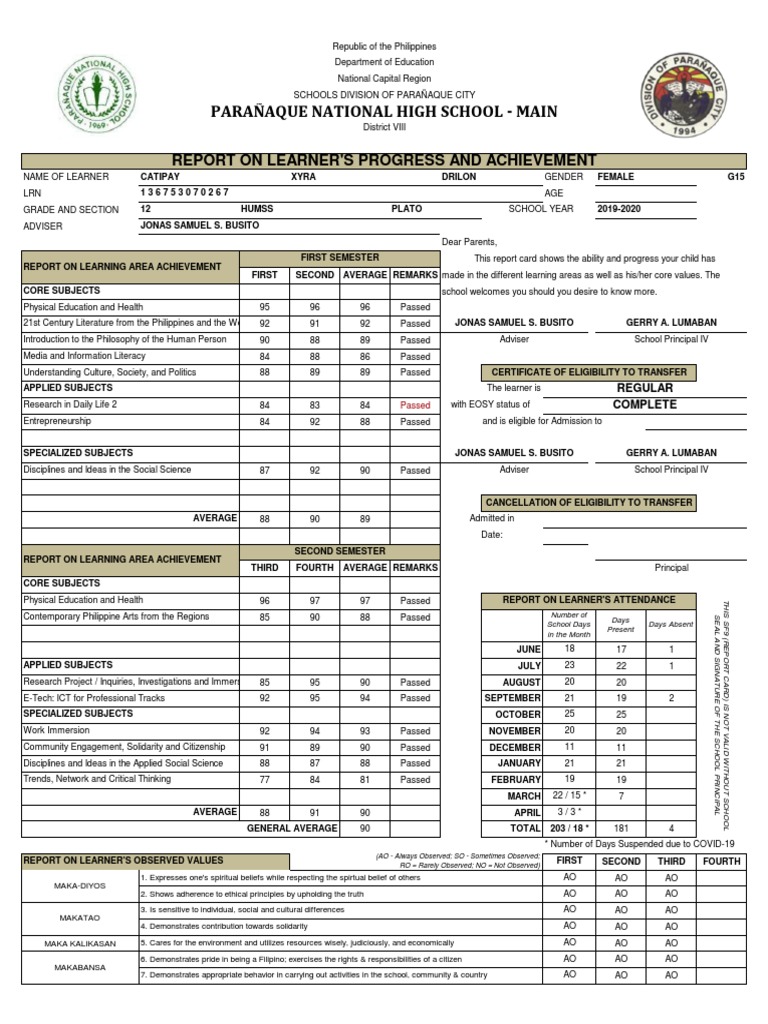Parañaque National High School - Main: Report On Learner'S Progress and ...