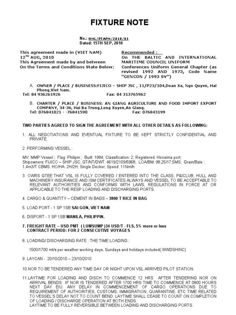 Fixture Note (Chartering) -Minh Nguyện | PDF | Business | Technology & Engineering