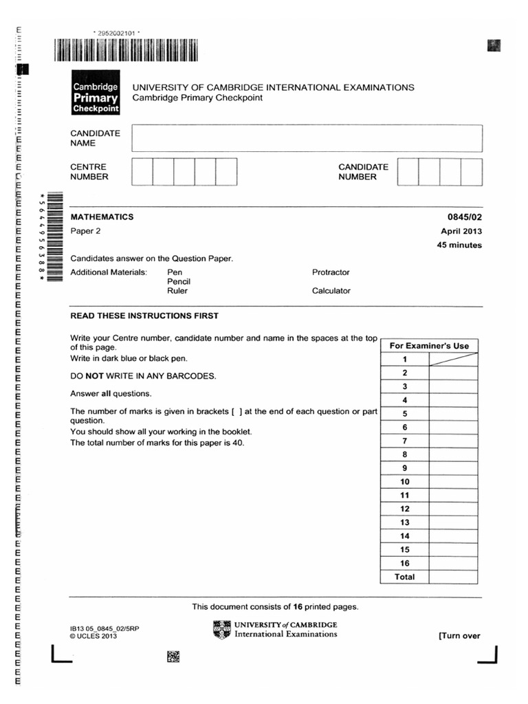 Primary Checkpoint Math 0845 April 2013 Paper 2 | PDF
