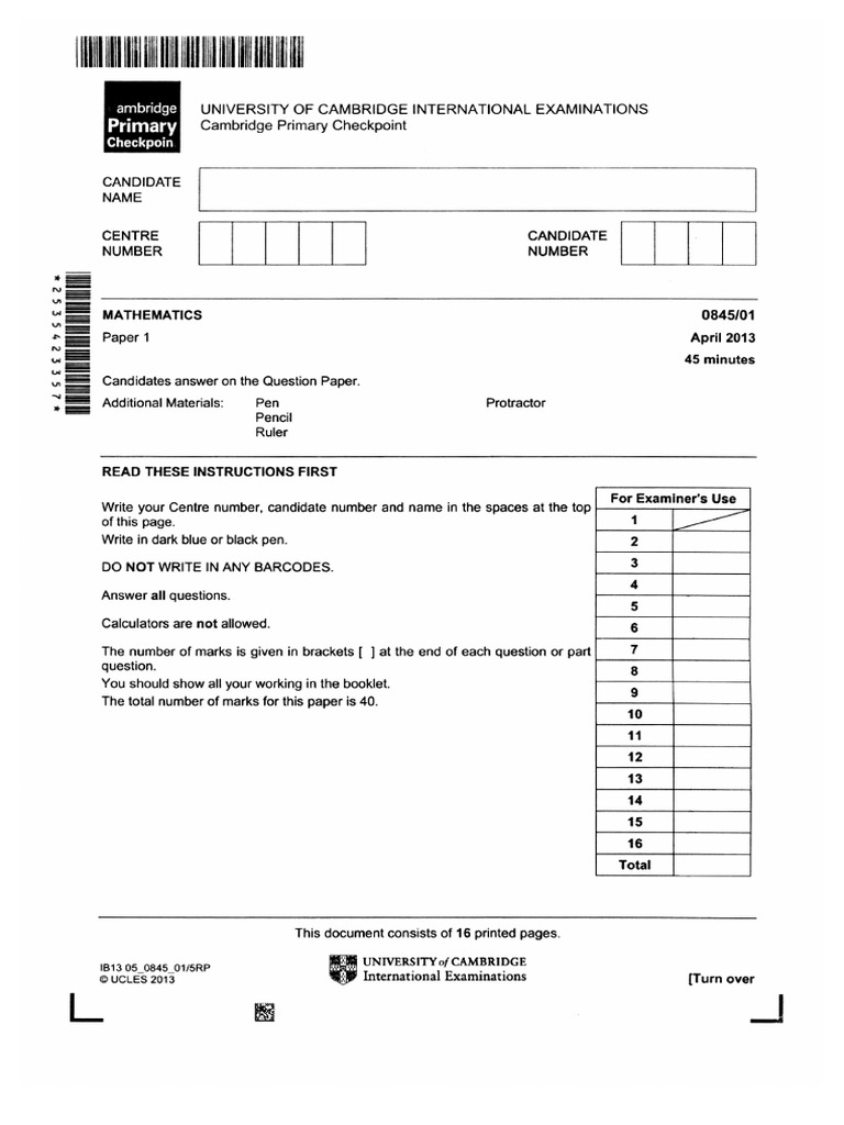 Primary Checkpoint Math 0845 April 2013 Paper 1 | PDF