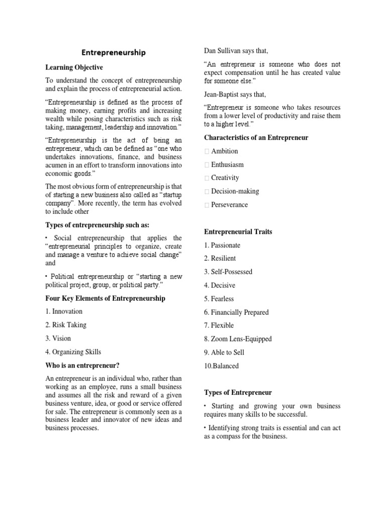 Entrepreneurship: Learning Objective | PDF | Entrepreneurship | Economies