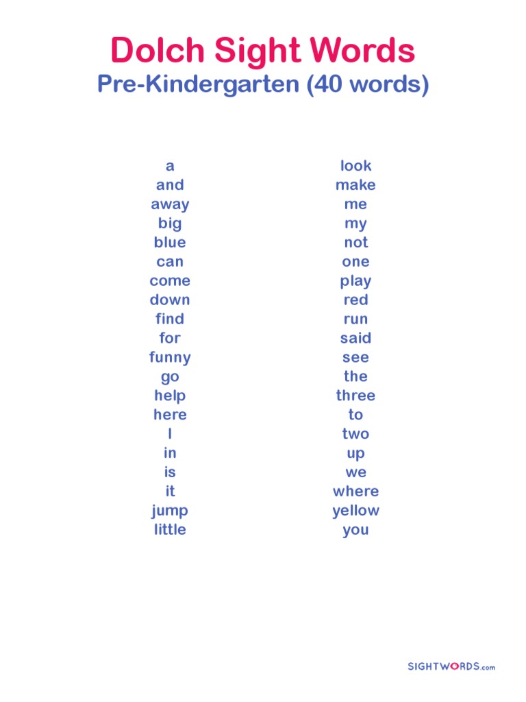 Dolch Basic Sight Words For Kindergarten PDF | PDF
