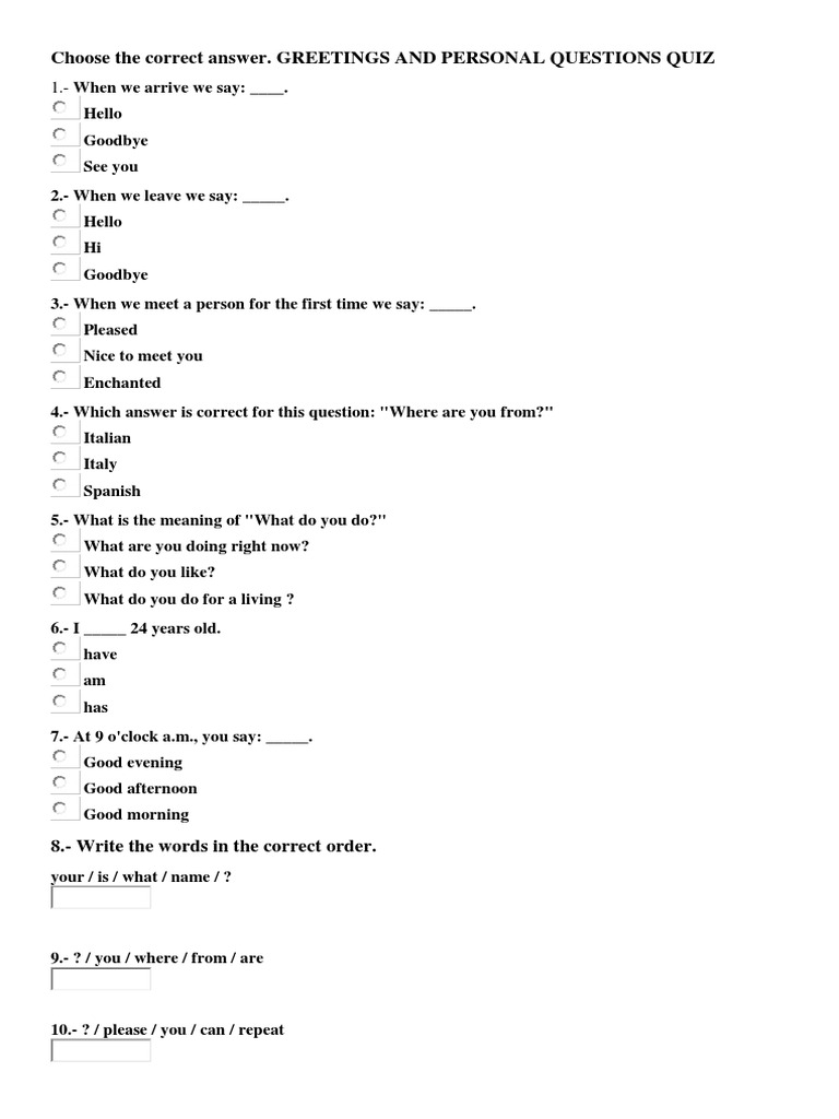 Greetings and Personal Questions Quiz | PDF