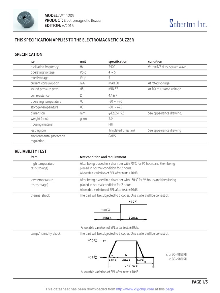 MODEL: WT-1205 PRODUCT: Electromagnetic Buzzer EDITION: A/2016 This ...