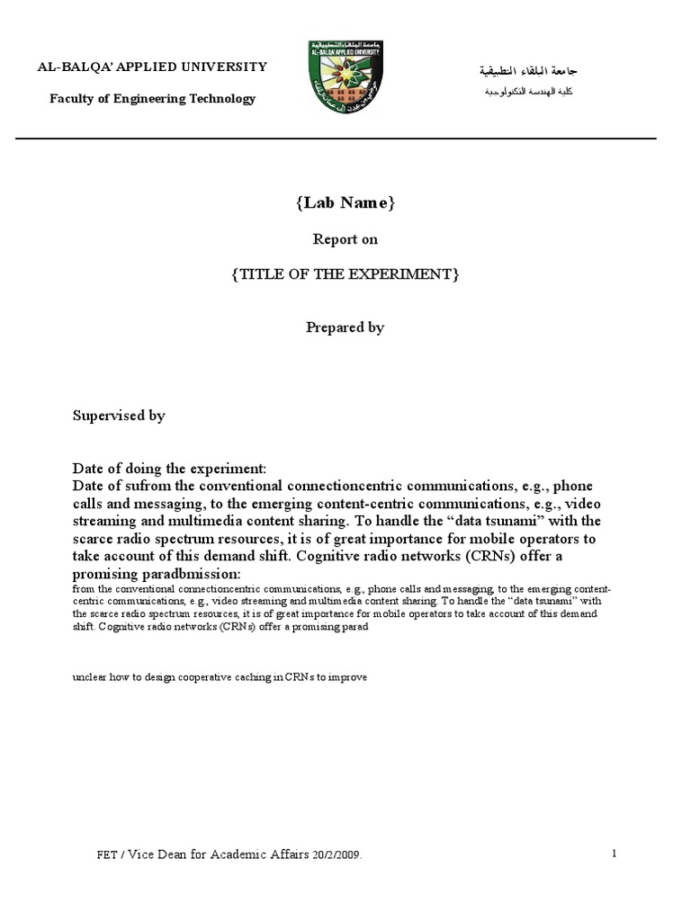 (Lab Name) : Al-Balqa' Applied University Faculty of Engineering Technology | PDF | Experiment ...