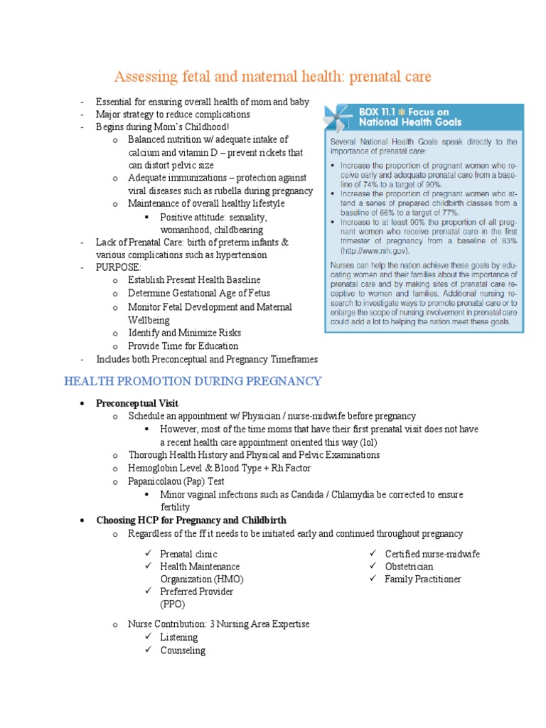 Assessing Fetal and Maternal Health: Prenatal Care: Health Promotion ...