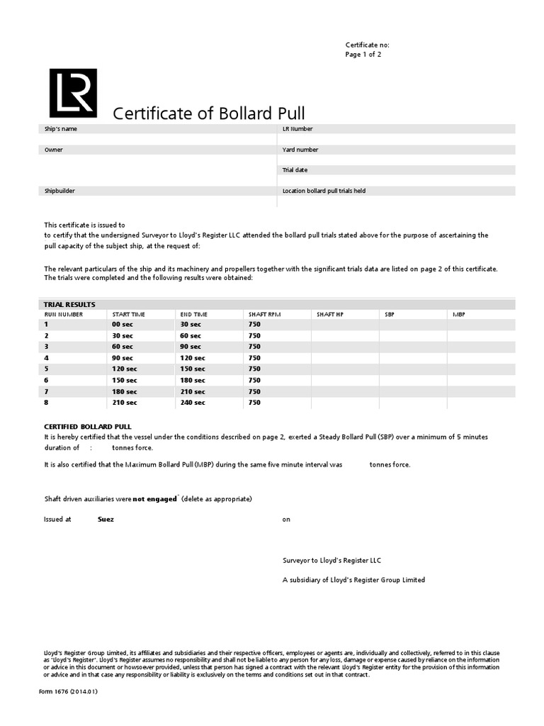 Bollard Pull Test Certificate Template | PDF | Propeller | Engines