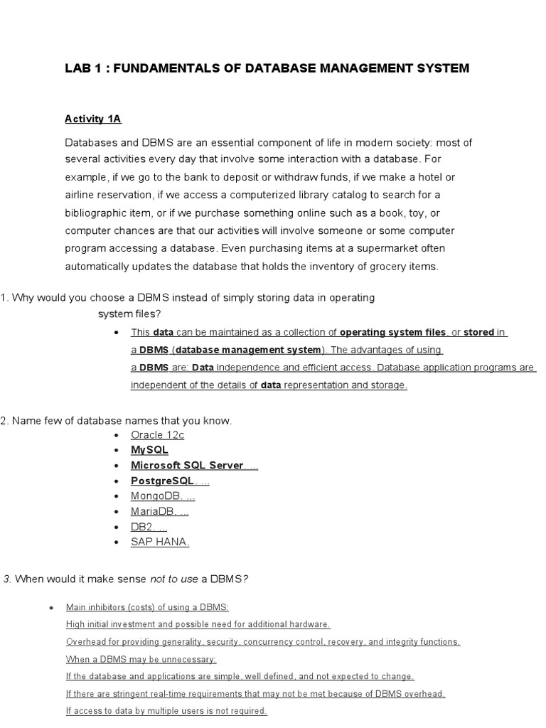 Lab 1: Fundamentals of Database Management System: Activity 1A | PDF ...
