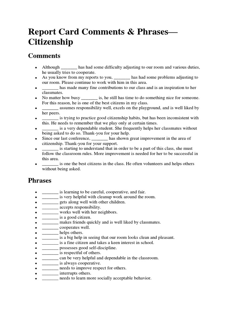 Report Card Comments on Citizenship & Attitude | PDF | Phonics | Word