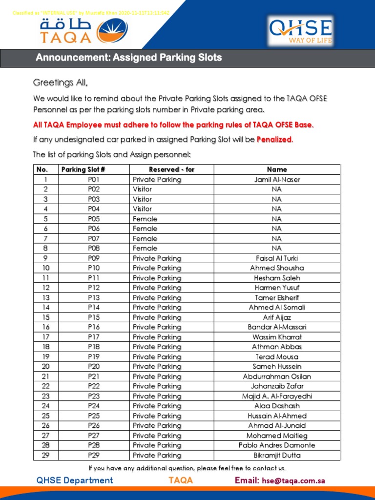 Assigned Parking Slots for TAQA Employees | PDF | Business | Nature