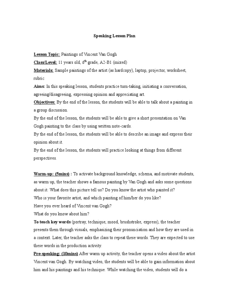 LP-Sample-Speaking - Van Gogh | PDF | Vincent Van Gogh | Lesson Plan
