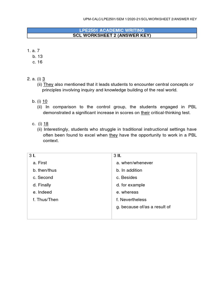 SCL Worksheet 2 Answer Key | PDF