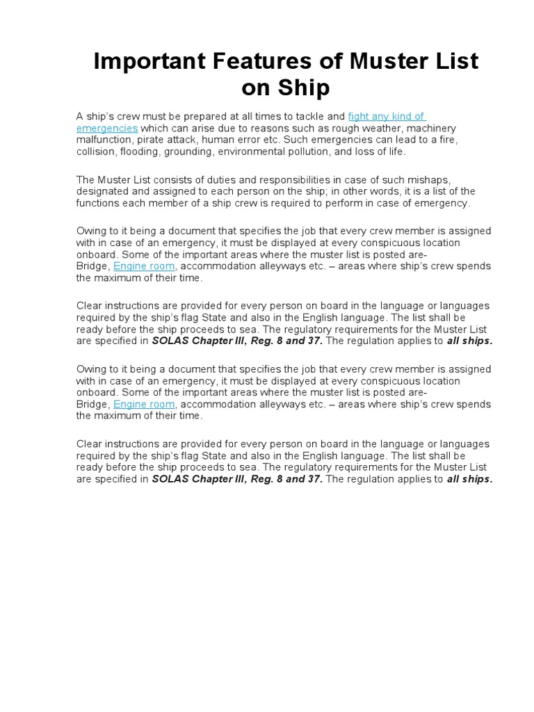 Important Features of Muster List On Ship | PDF | Water Transport ...