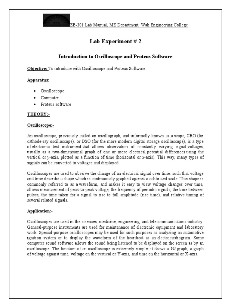 Lab Experiment # 2: Introduction To Oscilloscope and Proteus Software ...