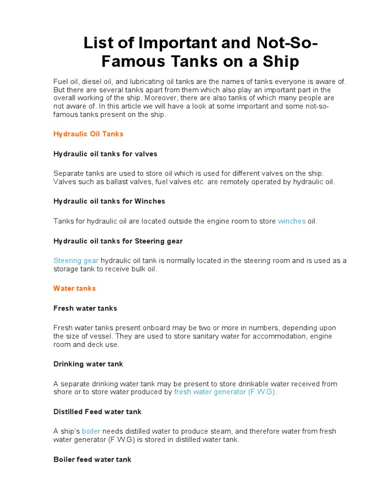 List of Important and Not-So-Famous Tanks On A Ship | PDF | Ships | Oil ...
