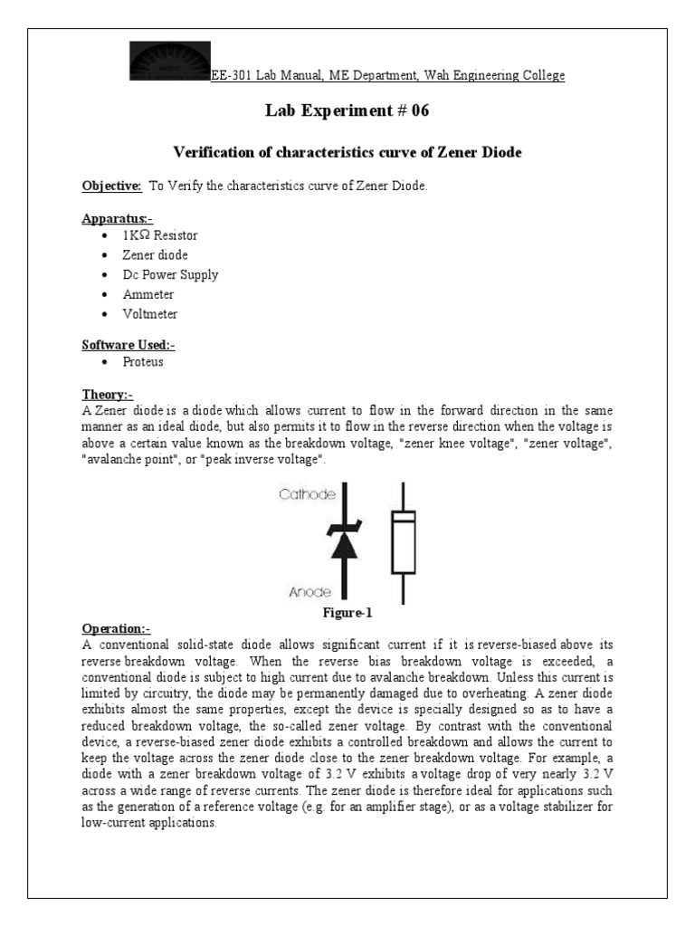 Lab Experiment # 06: Verification of Characteristics Curve of Zener ...
