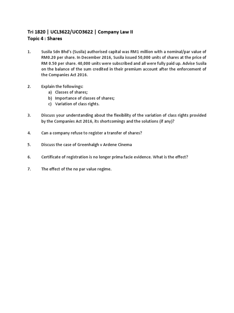 Company Law II Tutorial - Topic 4 PDF | PDF