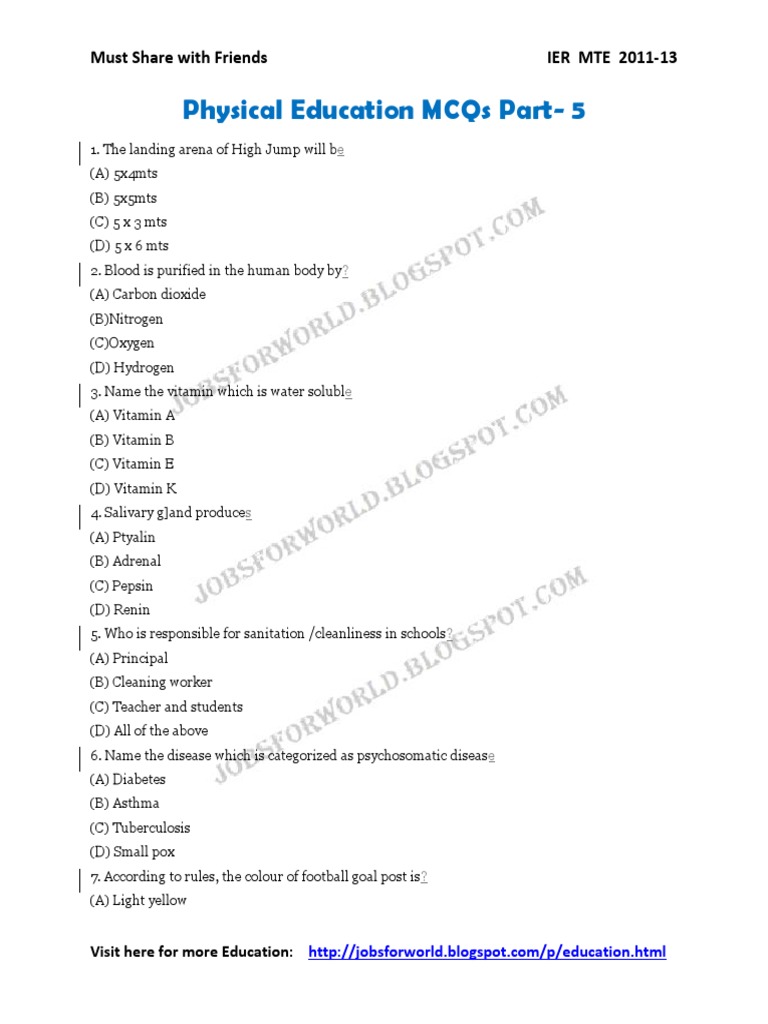 Physical Education MCQs Part-5: A Collection of 50 Multiple Choice ...