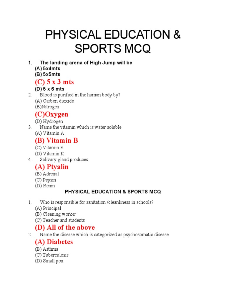 Physical Education MCQs and Answers | PDF | Flexibility (Anatomy) | Blood