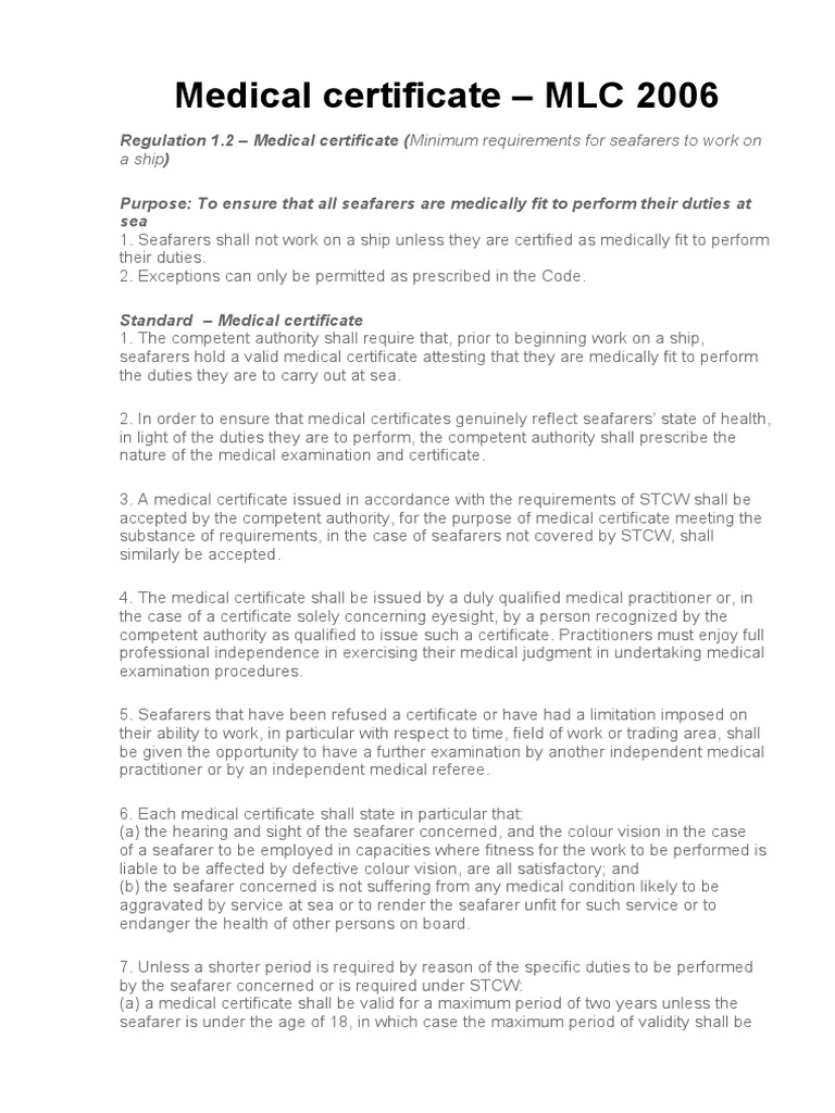 Medical Certificate - MLC 2006 | PDF | Sailor | Physician