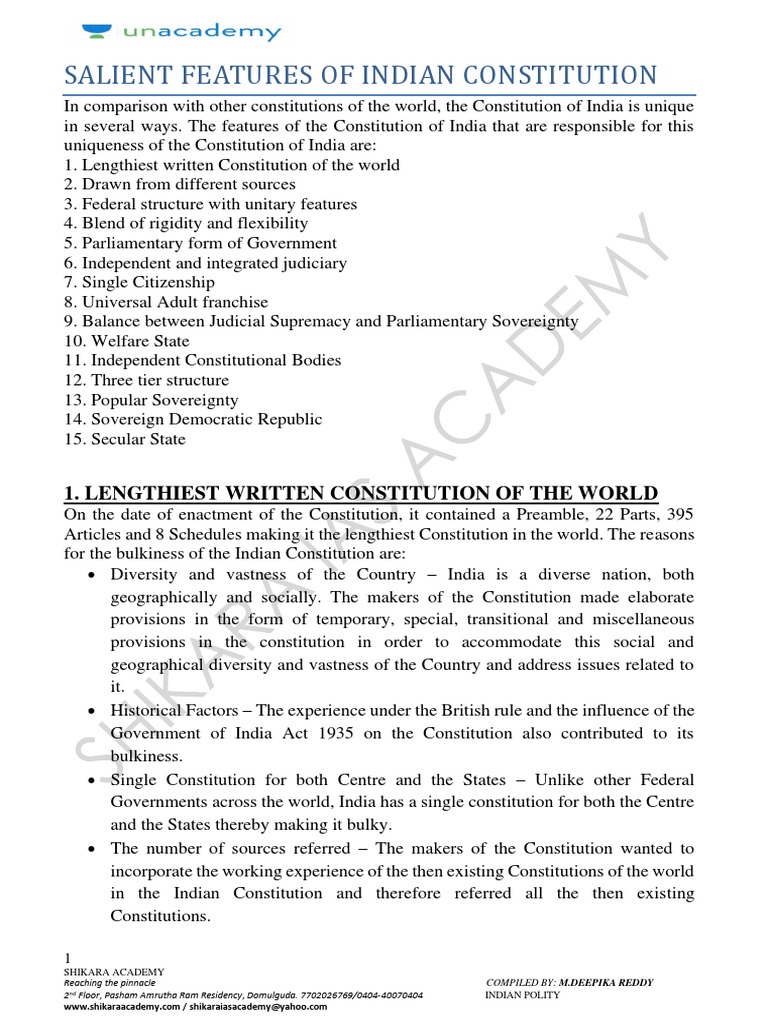 Salient Features of the Indian Constitution | PDF | Constitution ...