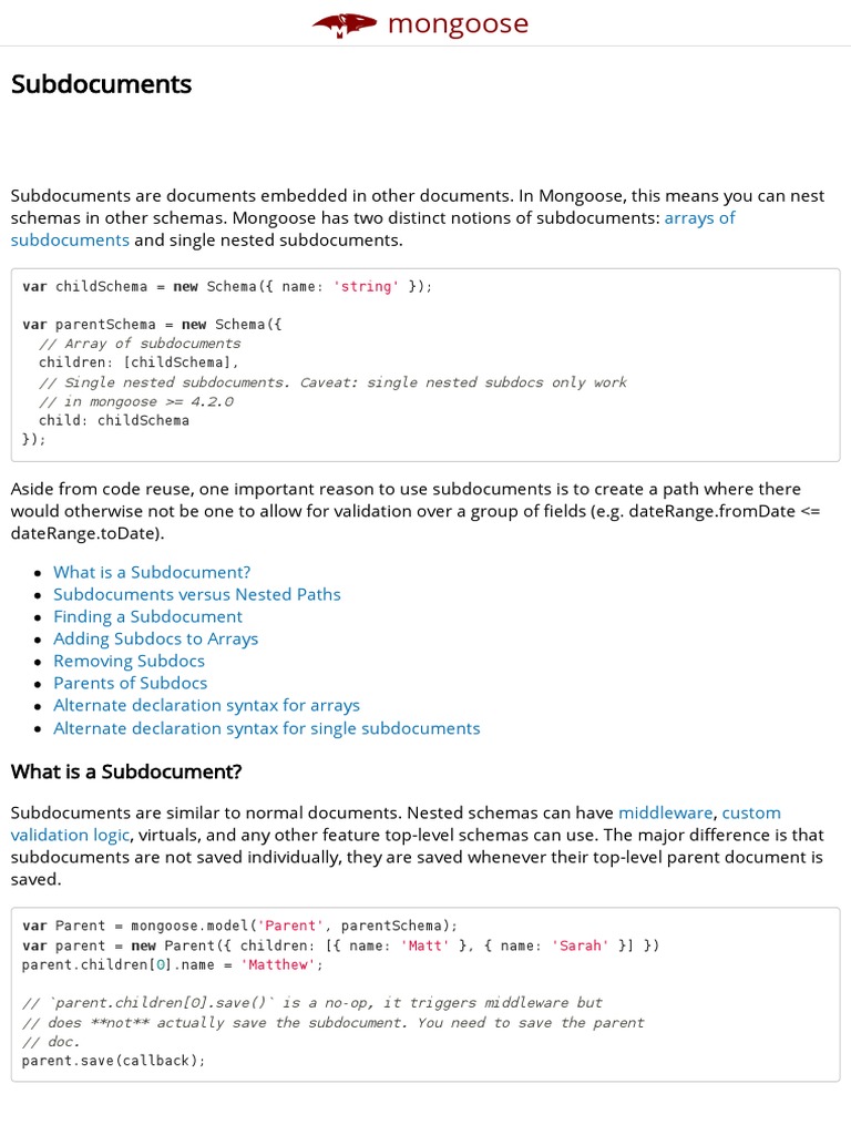 Mongoose Subdocuments Guide | PDF | Xml Schema | Computer Data