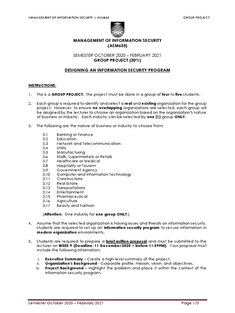 Asm655 - Group - Project - Guidelines (Oct 2020) | PDF | Information Security | Access Control