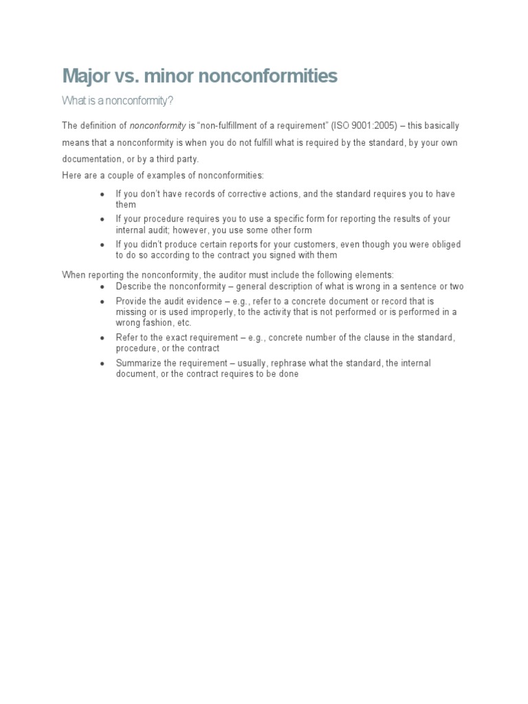 Major Vs Minor Nonconformity | PDF | Audit | Employment