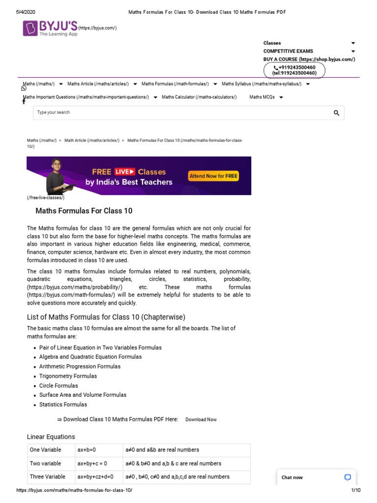 Maths Formulas For Class 10 - Download Class 10 Maths Formulas PDF ...