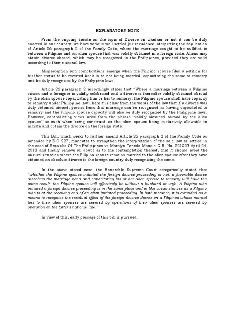 EXPLANATORY NOTE Draft | PDF | Marriage | Divorce