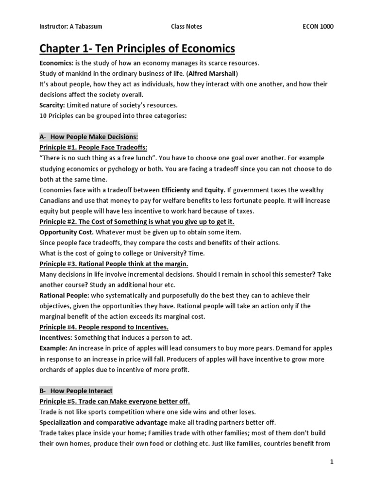 Chapter 1-Ten Principles of Economics: Instructor: A Tabassum Class ...