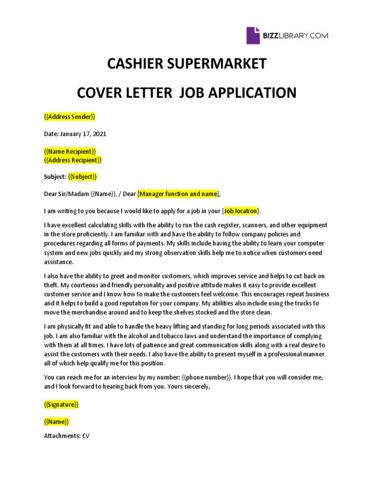 Cashier Supermarket Cover Letter Job Application: Subject: ( (Subject ...