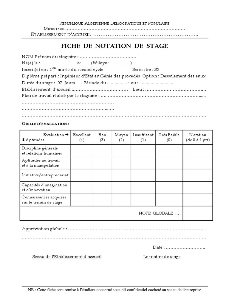 Fiche de Notation Maitre de Stage PH Chi PDF | PDF