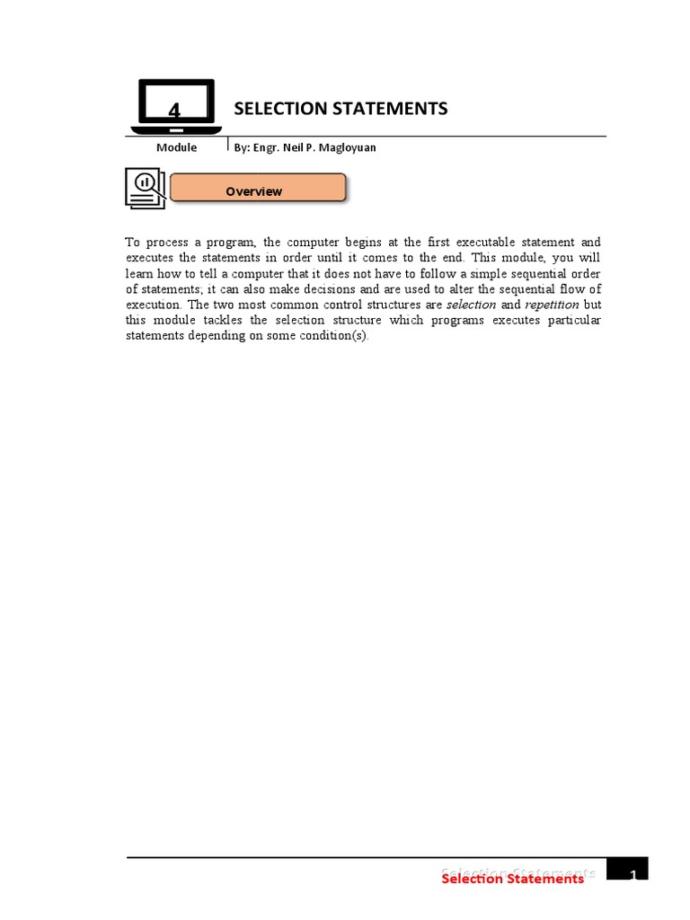 Selection Statements: By: Engr. Neil P. Magloyuan | PDF | Namespace ...