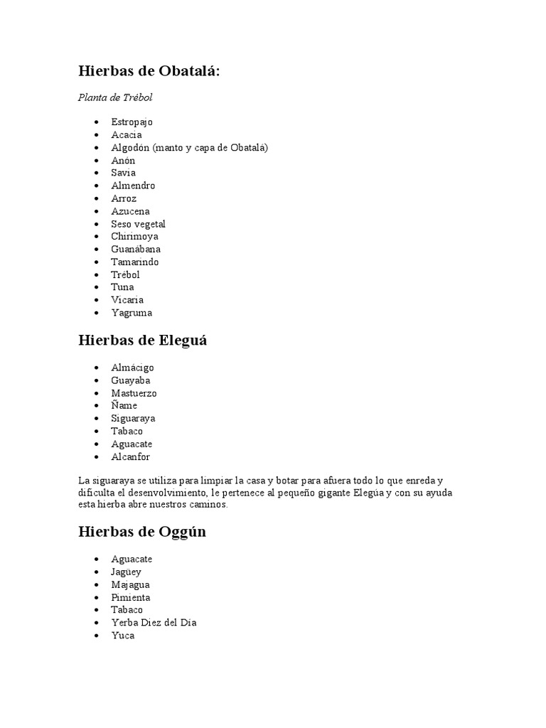 Hierbas Sagradas de Obatalá y Orishas | PDF | Plantas | Enfermedades de ...