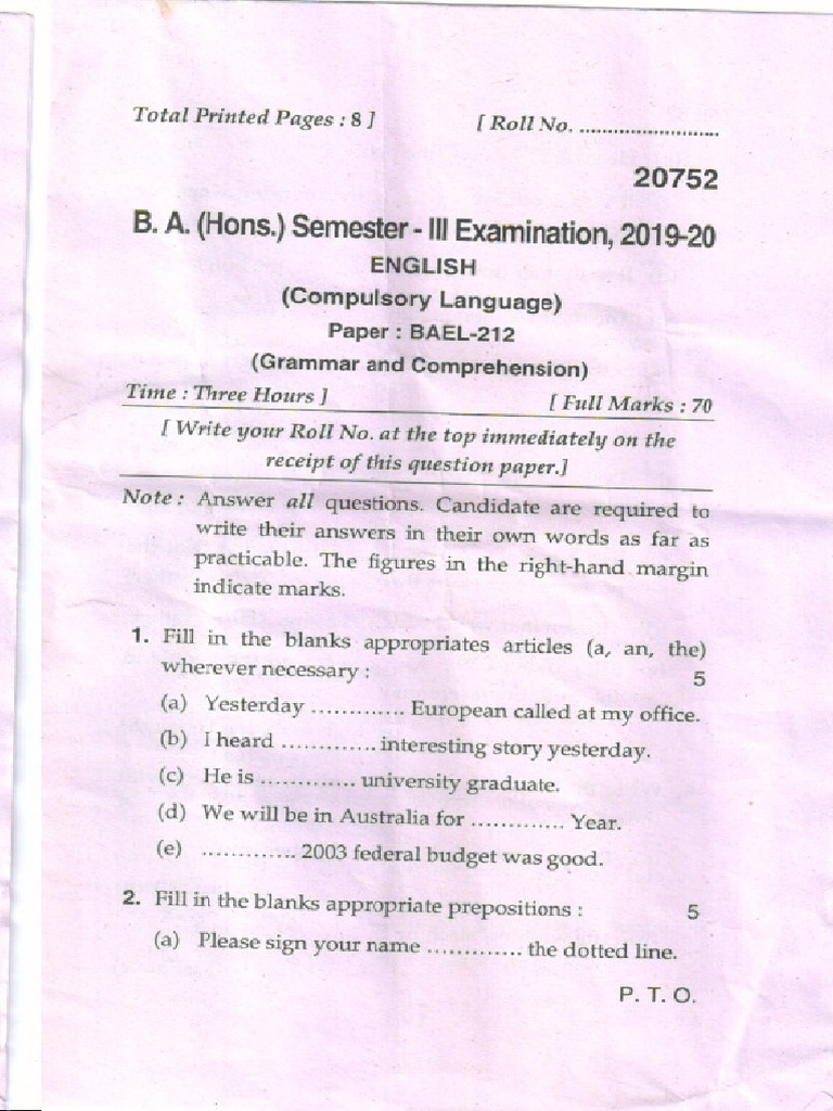 BAEL-212 Grammar and Comprehension, 2019-20 | PDF
