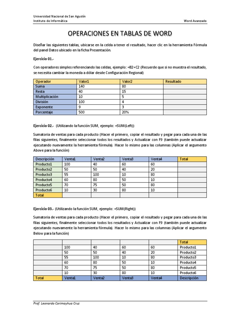 Ejercicios Operaciones en Tablas de Word | PDF | Informática ...