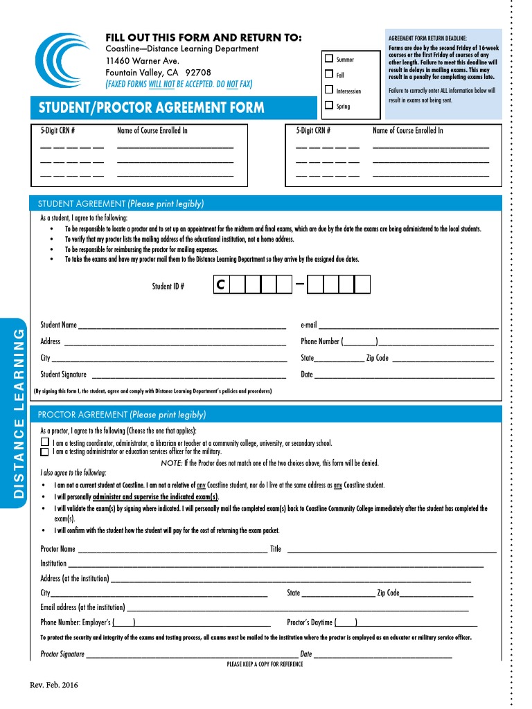 Student/Proctor Agreement Form: Fill Out This Form and Return To | PDF ...