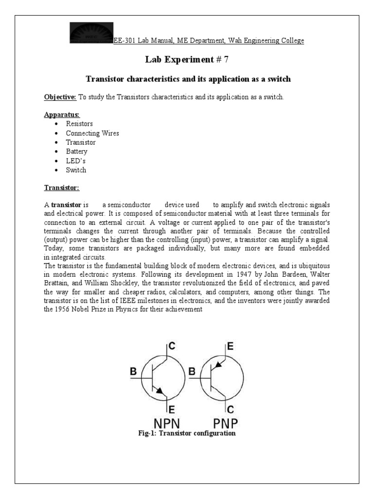 Lab Experiment # 7: Transistor Characteristics and Its Application As A ...