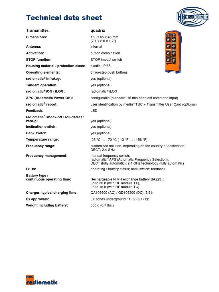 Technical Data Sheet: Transmitter: Quadrix | PDF